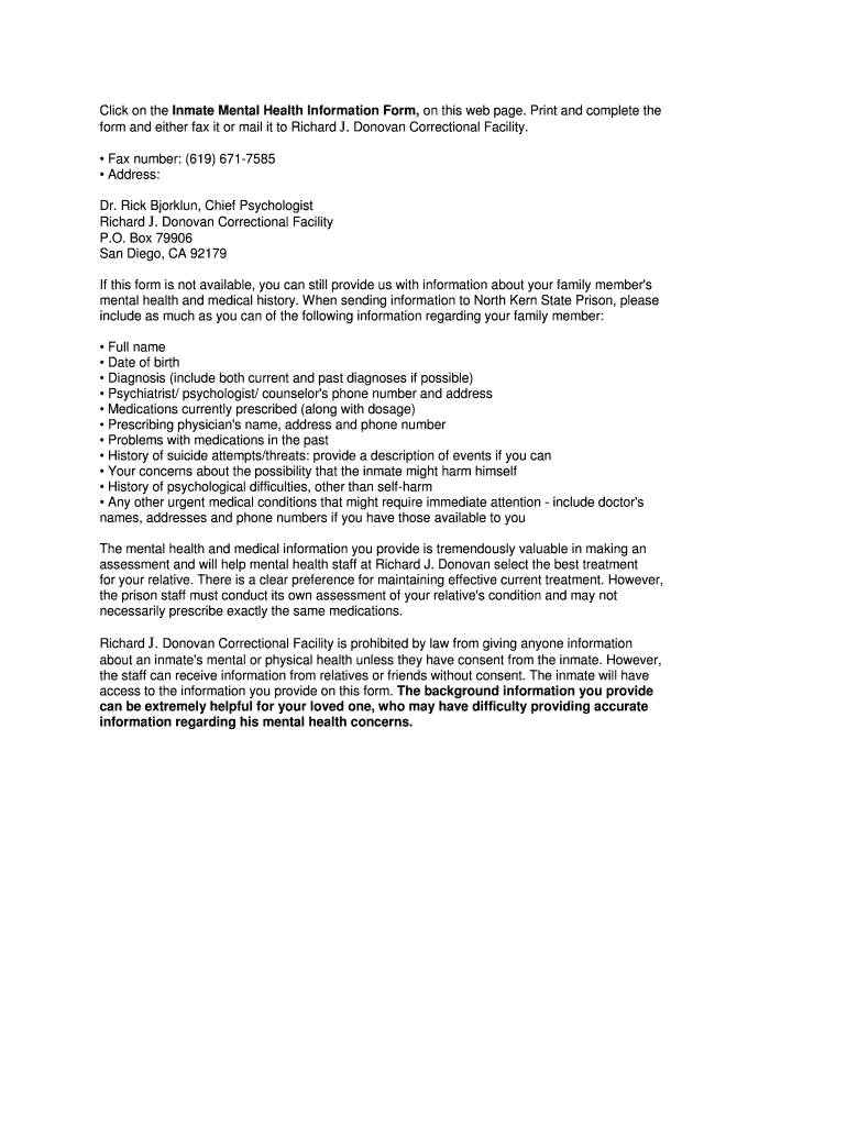 Fillable Online Inmate Mental Health Information Submission Fax Email ...