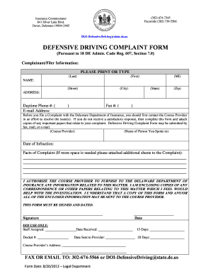 Fillable Online delawareinsurance DEFENSIVE DRIVING COMPLAINT FORM ...
