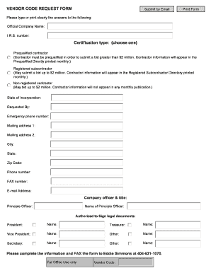 Fillable Online VENDOR CODE REQUEST FORM Certification type: (choose ...