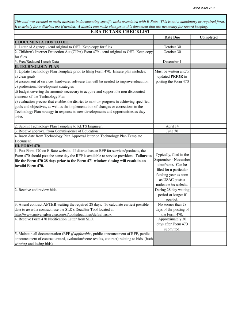Fillable Online E-RATE TASK CHECKLIST Fax Email Print - pdfFiller