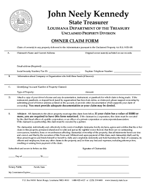 Fillable Online Owner Claim Form (PDF) - John Neely Kennedy, State ...