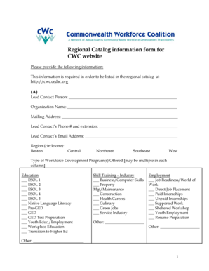 Fillable Online Regional Catalog information form for CWC website Fax ...
