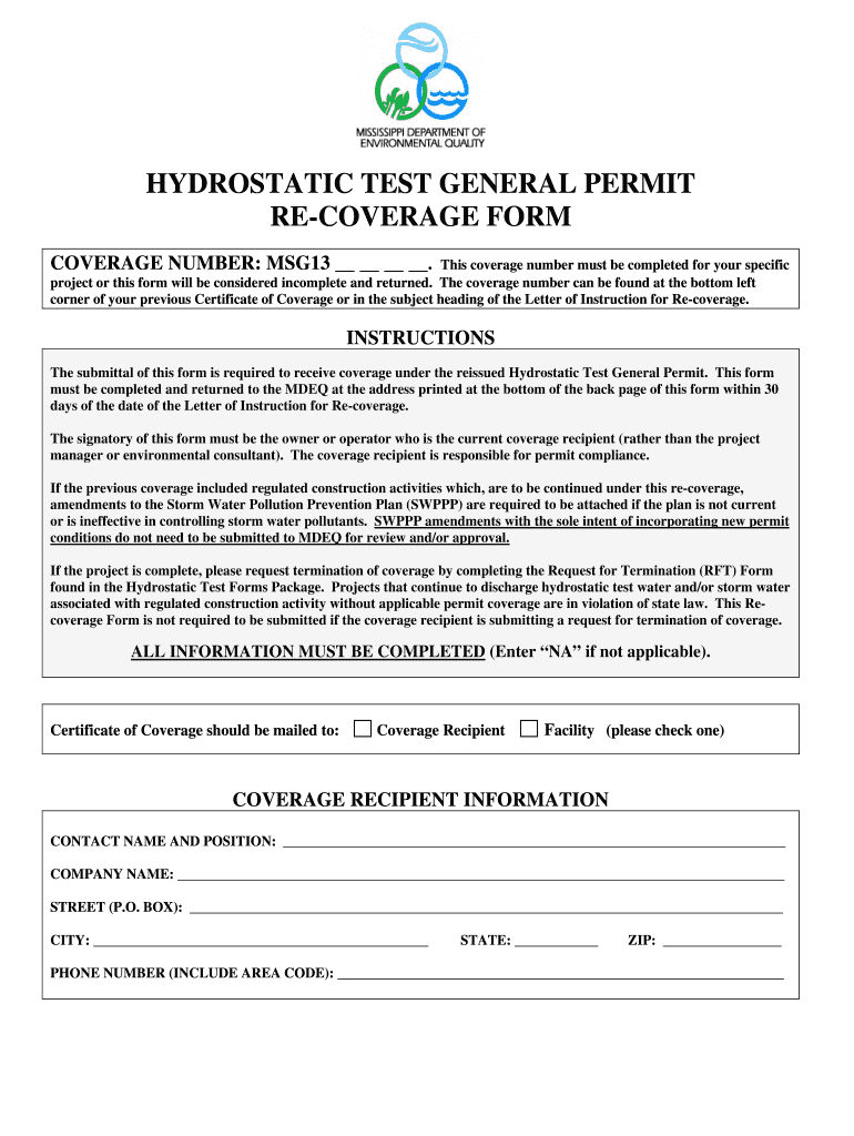 Fillable Online Hydrostatic Test General Permit Re-Coverage Form Fax ...