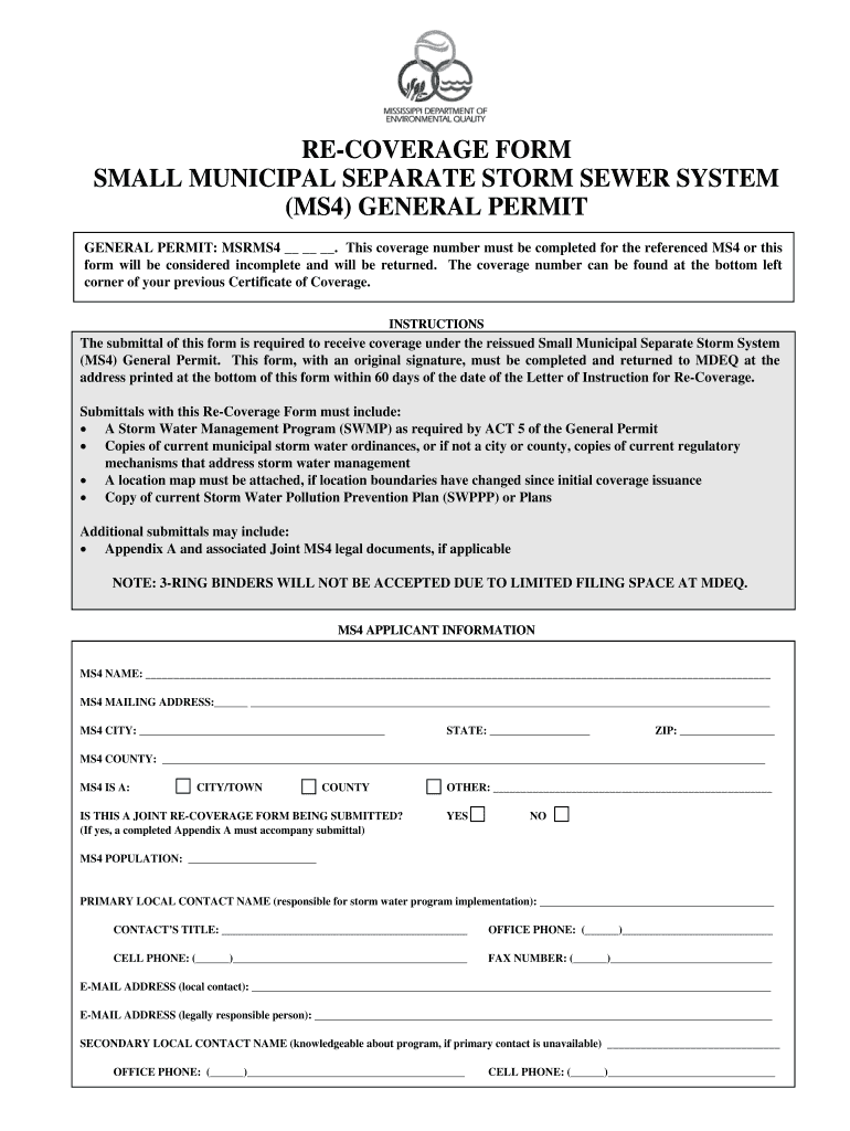 Fillable Online SMALL MUNICIPAL SEPARATE STORM SEWER SYSTEM (MS4 ...