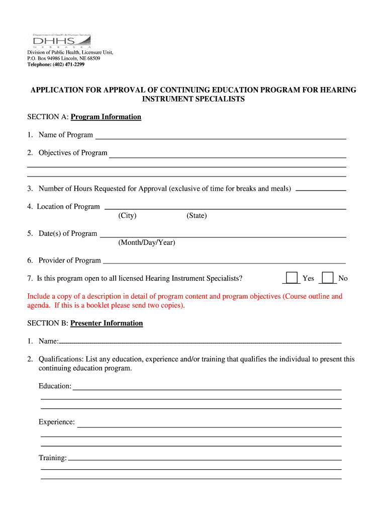 Fillable Online APPLICATION FOR APPROVAL OF CONTINUING EDUCATION PROGRAM FOR HEARING INSTRUMENT ...