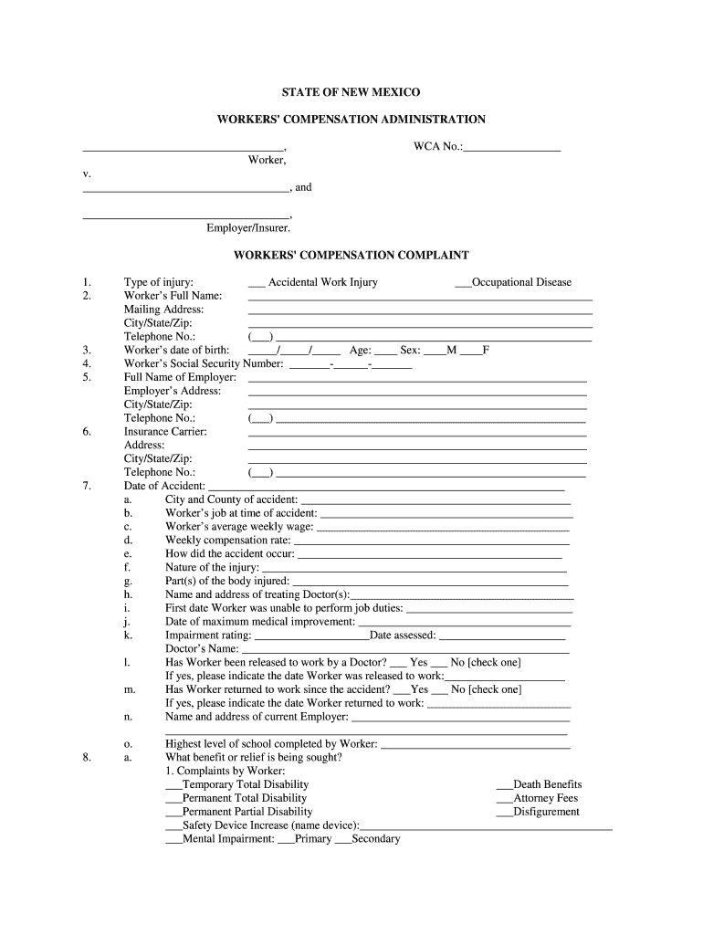 Fillable Online Workers' Compensation Complaint Form Fax Email Print ...