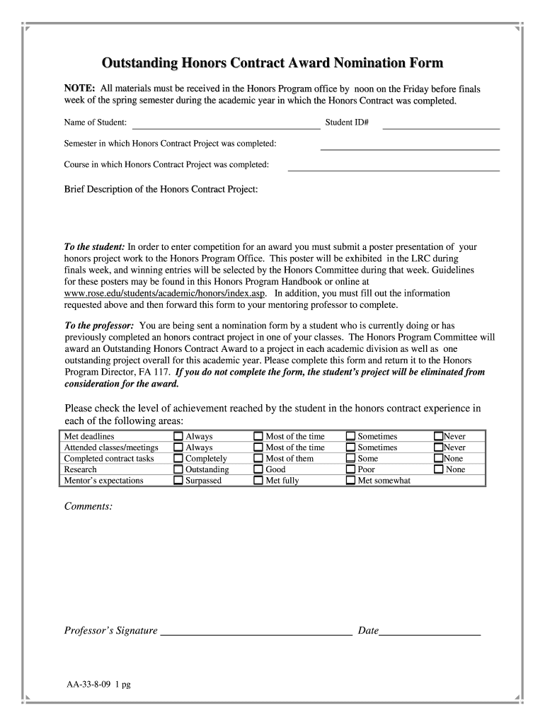 Outstanding Honors Contract Award Nomination Form: Fill out & sign ...