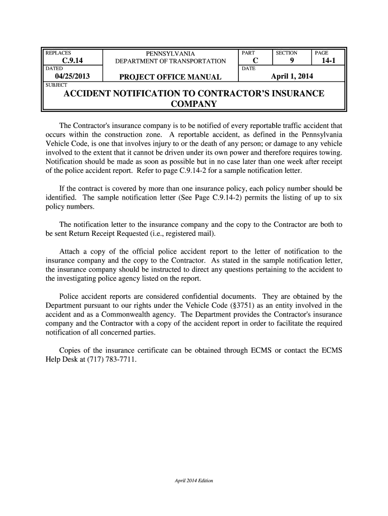 Fillable Online ACCIDENT NOTIFICATION TO CONTRACTOR’S INSURANCE COMPANY ...