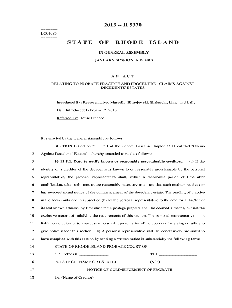 2013 H 5370 LC01085 STATE OF RHODE ISLAND IN GENERAL ASSEMBLY JANUARY ...