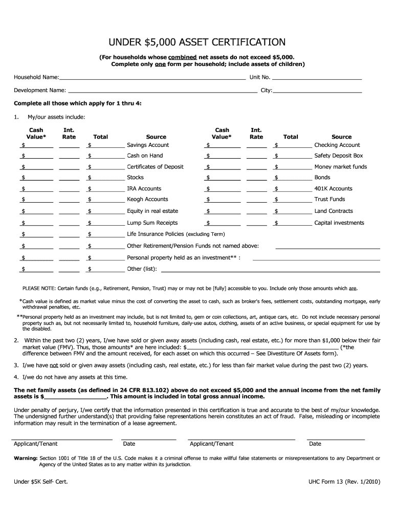 Under $5,000 Asset Certification: Fill out & sign online | DocHub