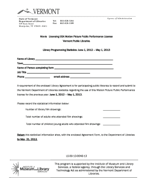 Fillable Online libraries vermont Library Use Statistics Form 2012-2013 ...