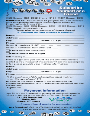 Fillable Online Powerball - Vermont Lottery Fax Email Print - pdfFiller