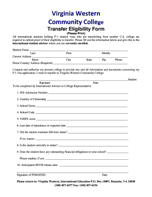 Fillable Online virginiawestern Transfer Eligibility Form - Virginia ...
