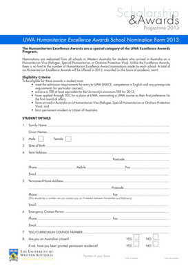 Fillable Online UWA Humanitarian Excellence Awards School Nomination ...