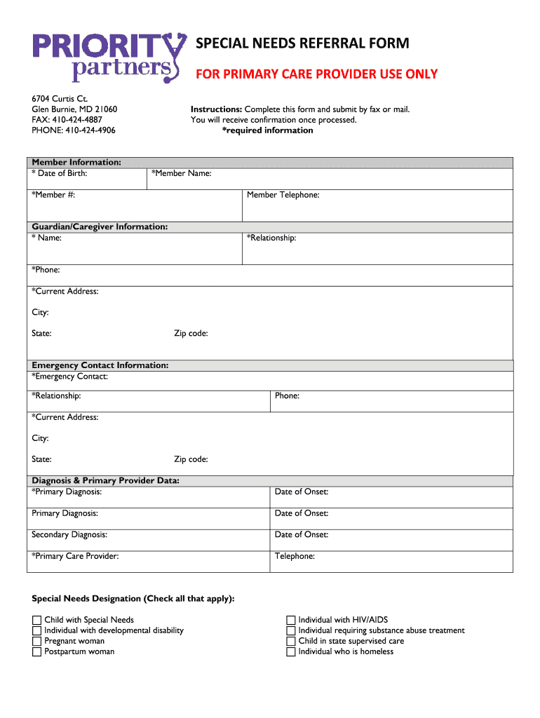 Fillable Online Special Needs Referral Form for Primary Care Provider ...