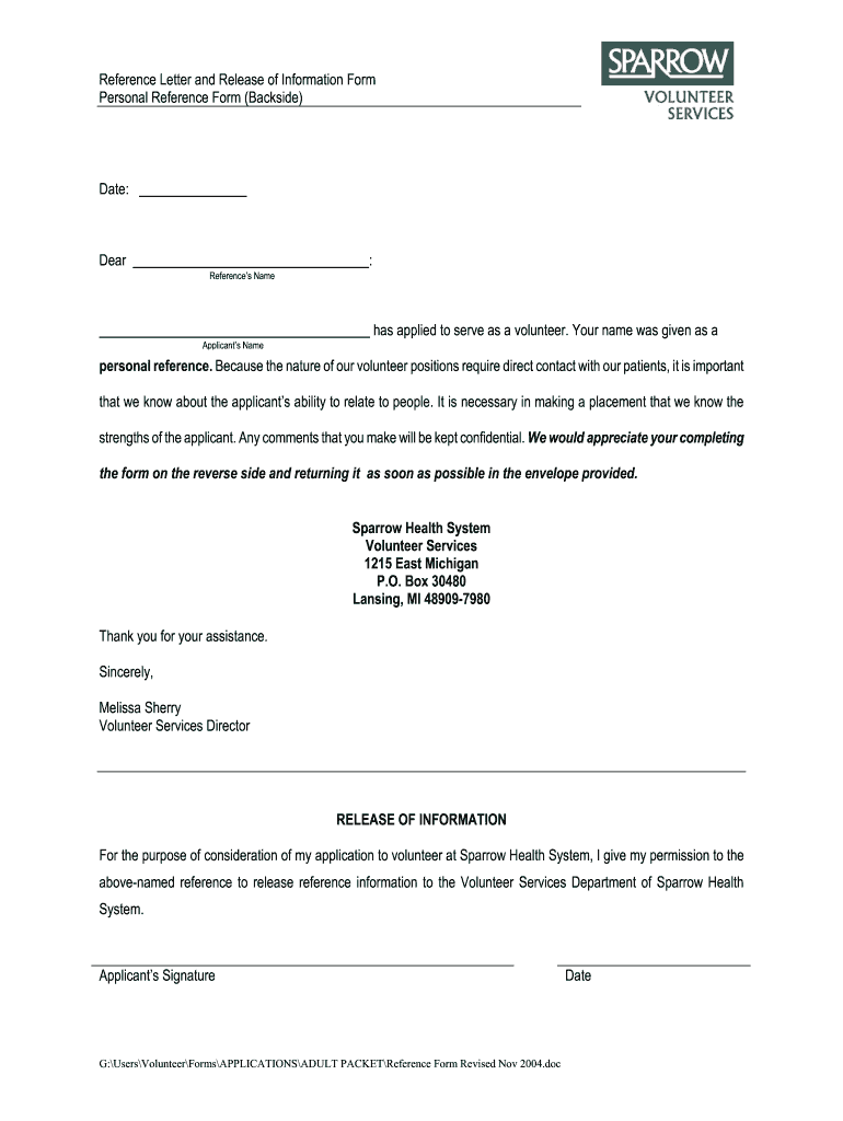 Reference Letter Volunteer Form Fill Online Printable Fillable