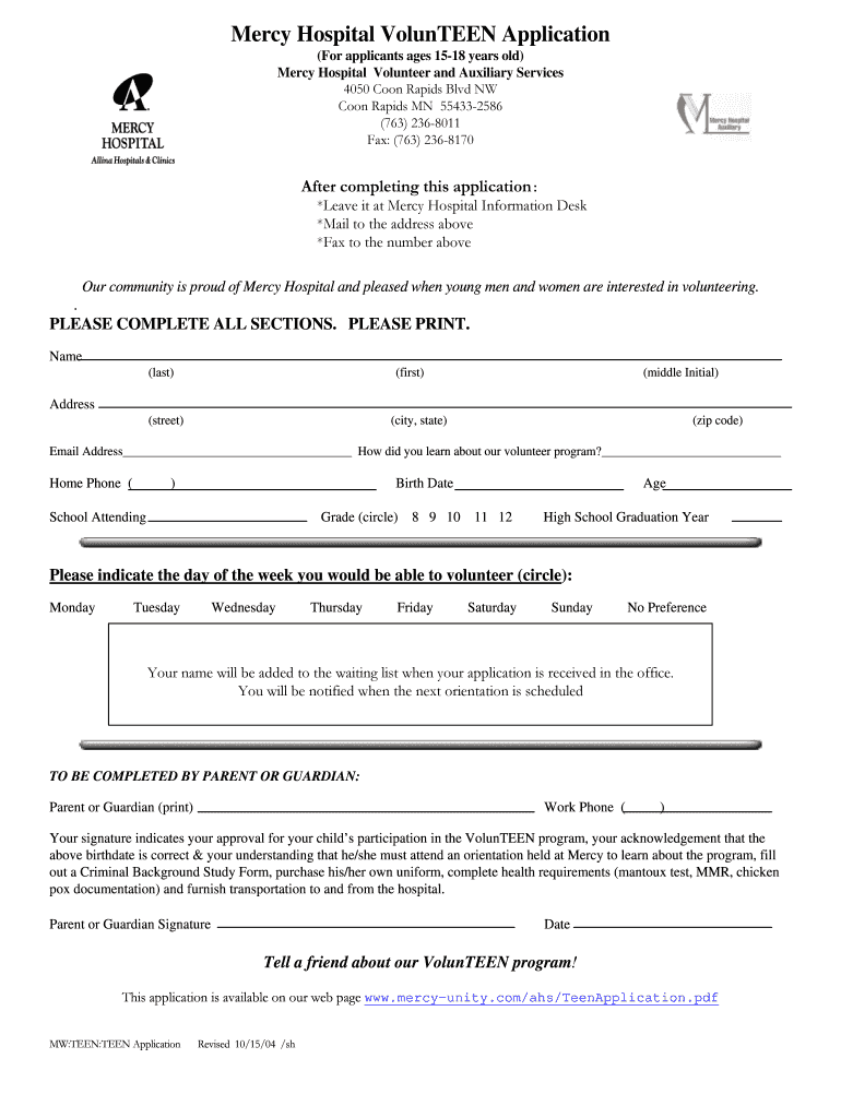 Fillable Online Mercy Hospital VolunTEEN Application Fax Email Print - pdfFiller