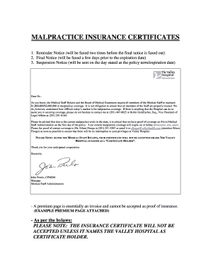 Fillable Online MALPRACTICE INSURANCE CERTIFICATES Fax Email Print ...