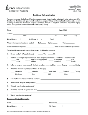 Fillable Online crouse Residence Hall Application - Crouse Hospital Fax Email Print - pdfFiller