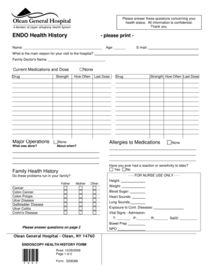 Fillable Online ogh ENDO Health History Form - Olean General Hospital ...