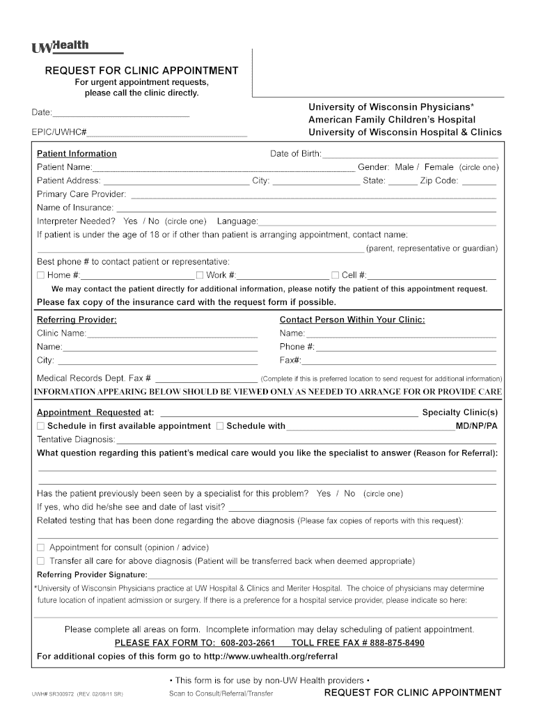 REQUEST FOR CLINIC APPOINTMENT: Fill out & sign online | DocHub