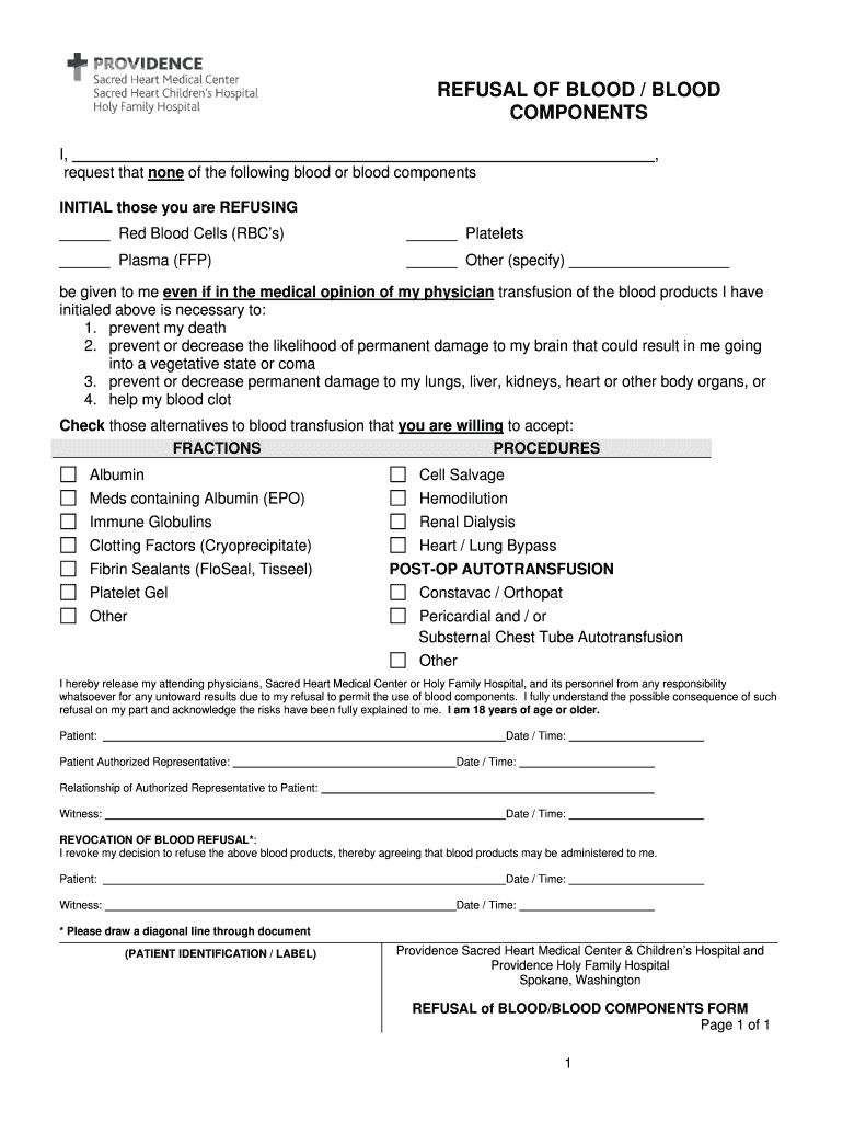 REFUSAL Of BLOOD BLOOD COMPONENTS FORM Fill Out Sign Online DocHub