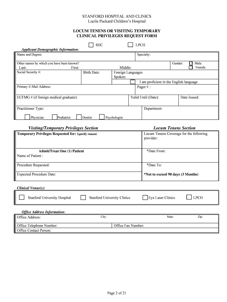 Fillable Online Locum Tenens or Visiting Temporary Clinical Privileges Request Fax Email Print ...