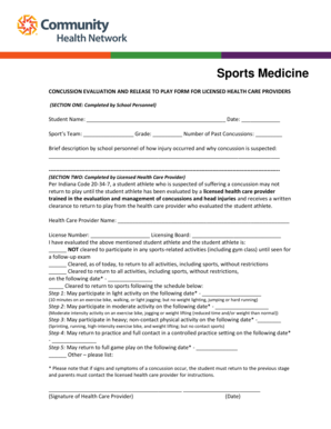 Fillable Online CONCUSSION EVALUATION AND RELEASE TO PLAY FORM FOR ...