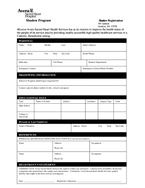 Fillable Online avera Shadowing Registration Form - avera Fax Email ...