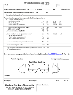 Fillable Online Breast Questionnaire Form - Medical Center of ...