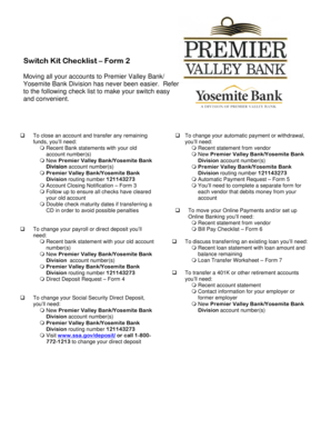 Fillable Online Switch Kit Checklist Form 2 - Premier Valley Bank Fax ...