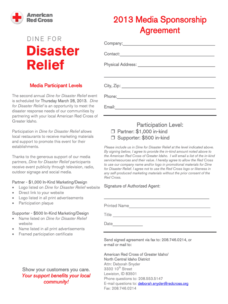 Fillable Online Media Sponsorship Agreement for Dine for Disaster Relief Fax Email Print - pdfFiller