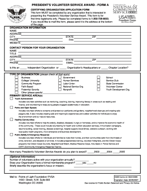 Fillable Online nationalservice President's Volunteer Service Award Certifying Organization Form ...