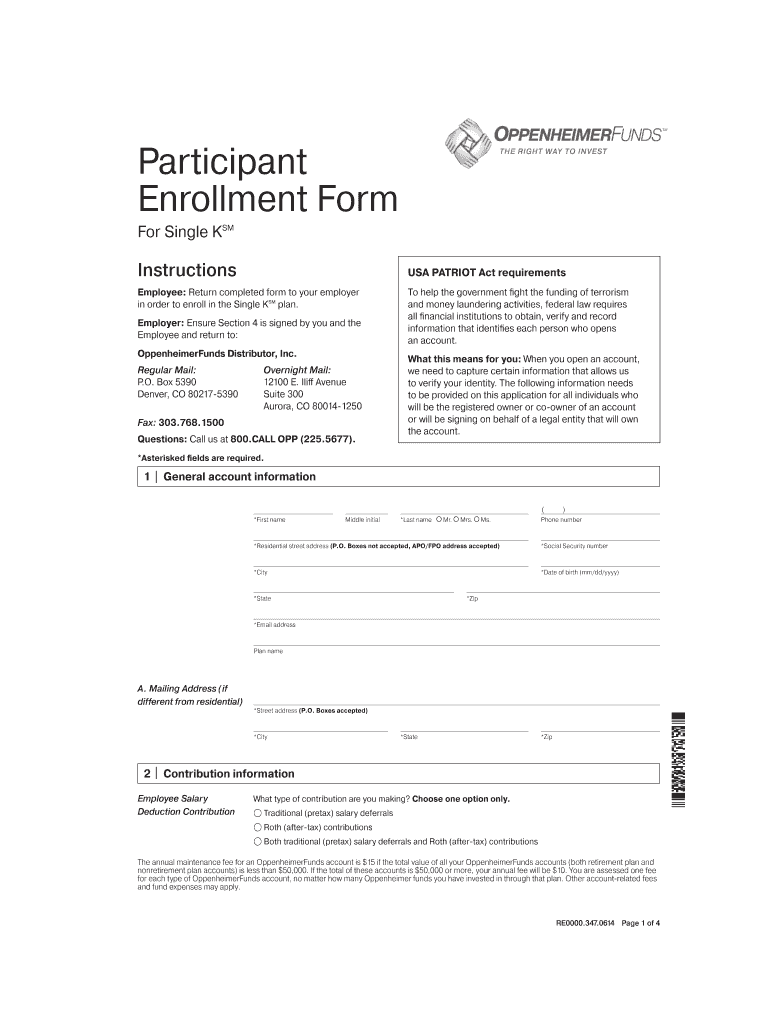 Fillable Online Single K Participant Enrollment Form Fax Email Print ...