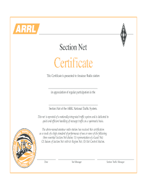 Fillable Online arrl Section Net Certificate - American Radio Relay ...