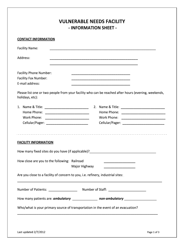 Fillable Online FACILITY INFORMATION SHEET - Official Website Fax Email ...