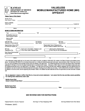 Fillable Online Mobile Home Affidavit Valueless Mobile Home Fax Email ...