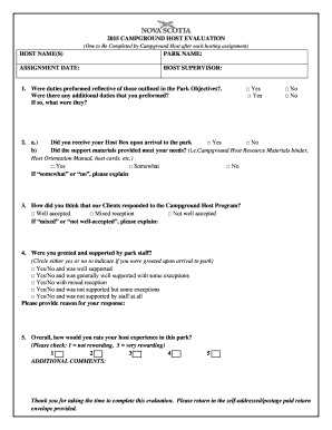 Fillable Online parks gov ns Campground Host evaluation form 2015 ...