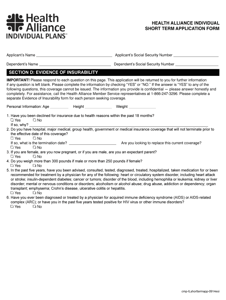 Fillable Online healthalliance HEALTH ALLIANCE INDIVIDUAL SHORT TERM ...