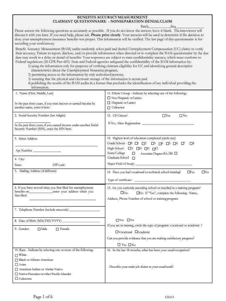 Fillable Online does dc CLAIMANT QUESTIONNAIRE NONSEPARATION DENIAL CLAIM Fax Email Print ...