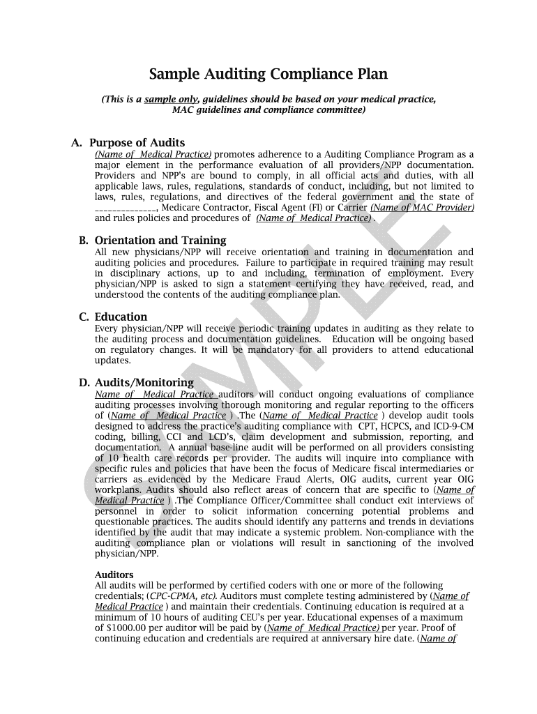 Fillable Online 5I-Sample Auditing Compliance Plan Fax Email Print - pdfFiller