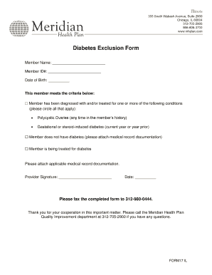Fillable Online Diabetes Exclusion Form - Meridian Health Plan Fax ...