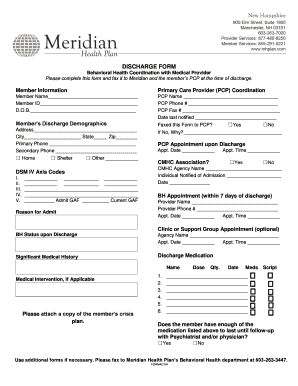 Fillable Online DISCHARGE FORM Behavioral Health Coordination with ...