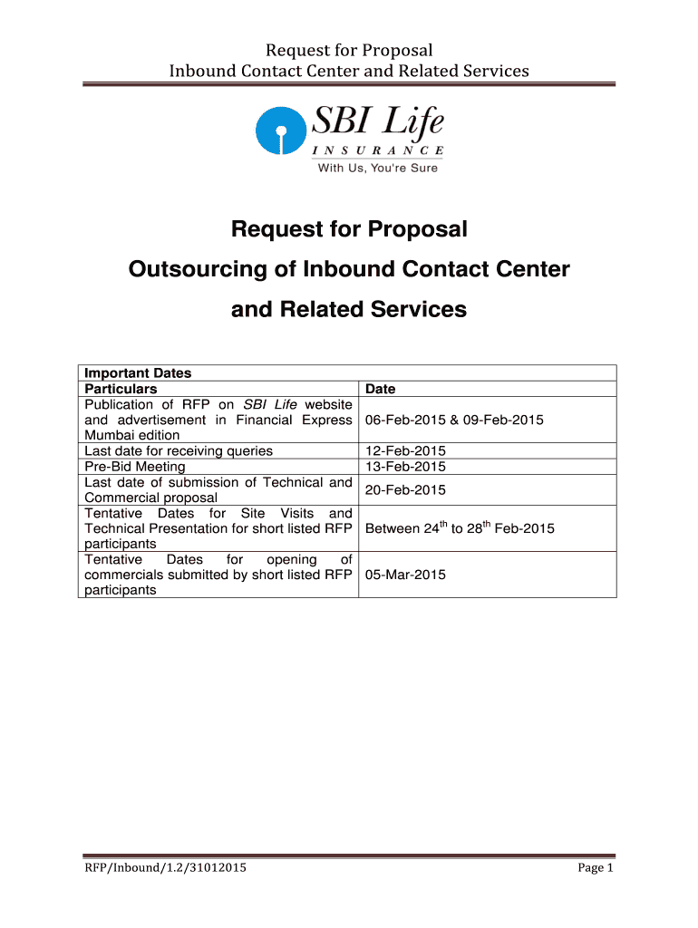 Fillable Online Request for Proposal Outsourcing of Inbound Contact ...