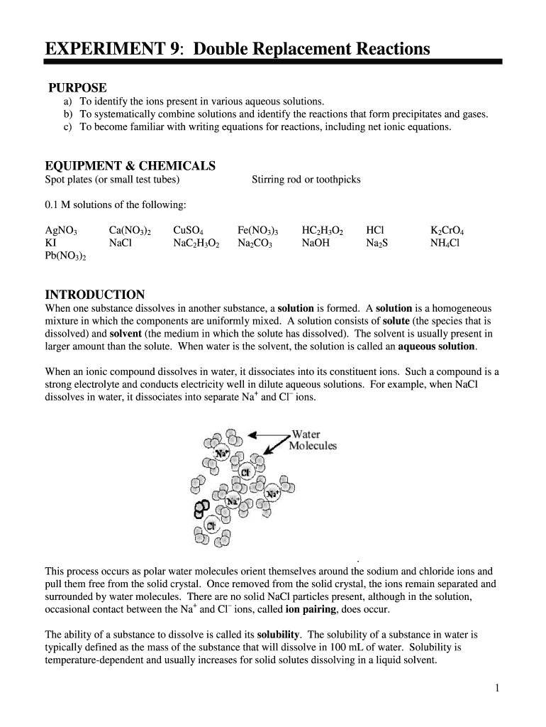 Fillable Online EXPERIMENT 5 - Double Replacement Reactions CHEM 1405 ...