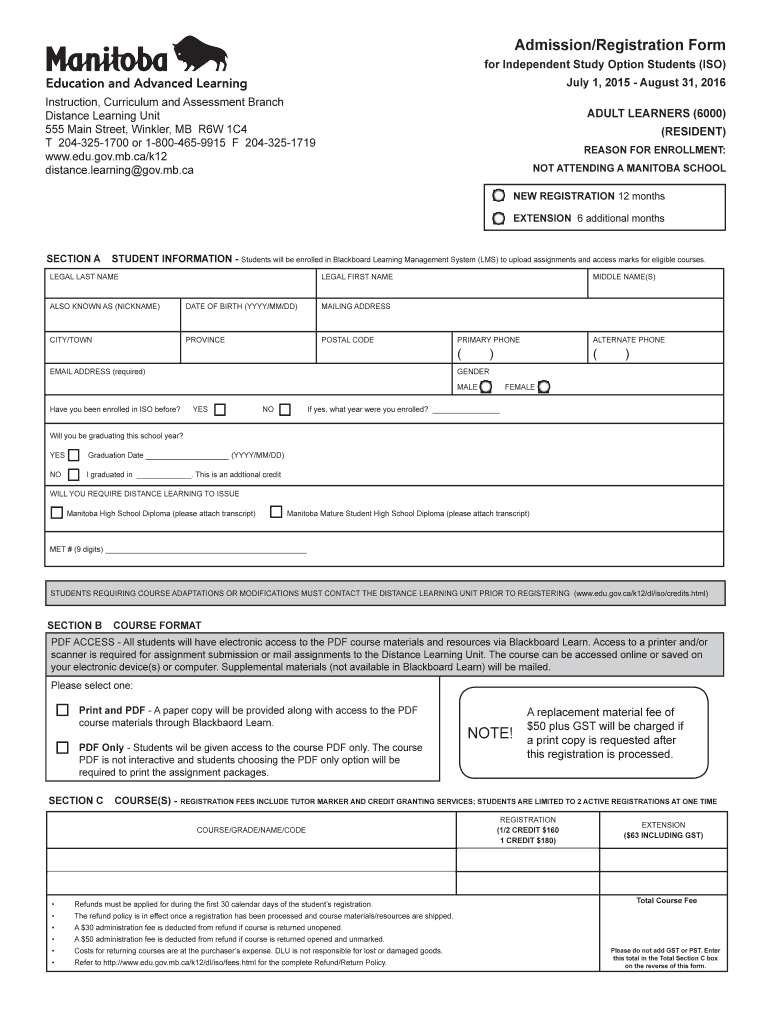 Fillable Online edu gov mb AdmissionRegistration Form - Manitoba Fax Email Print - pdfFiller