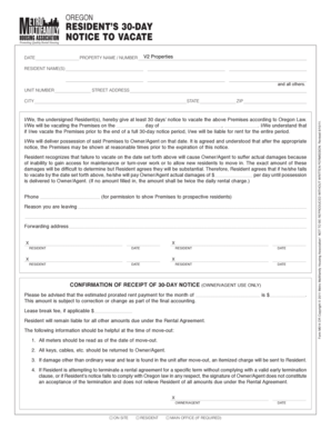 Fillable Online Thirty Days Notice Form PDF - V2 Properties Fax Email ...