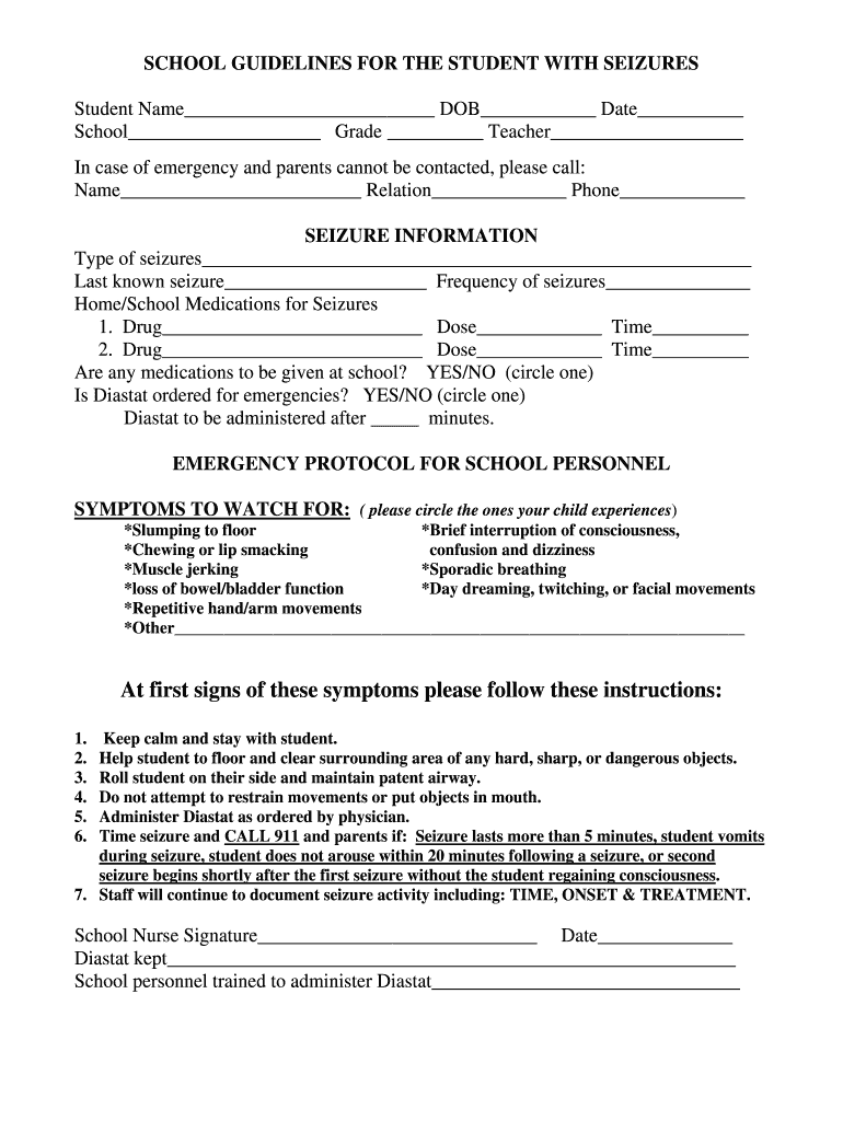 Fillable Online SCHOOL GUIDELINES FOR THE STUDENT WITH SEIZURESdoc Fax ...