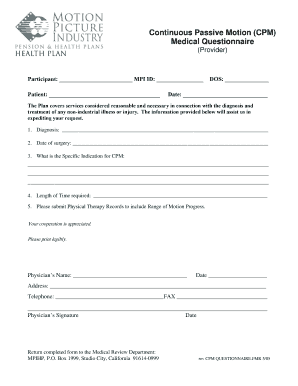 Fillable Online mpiphp Continuous Passive Motion CPM Medical ...
