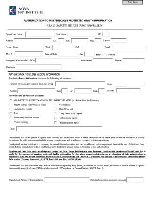 Fillable Online inova AUTHORIZATION TO USE DISCLOSE PROTECTED HEALTH Fax Email Print - pdfFiller